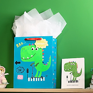 MAYPLUSS 13" Baby Boy Gift Bag Large Gift Bag with Birthday Card and Tissue Paper - Dinosaur Patterns for Boys, Baby Shower, Birthday,Party, and More