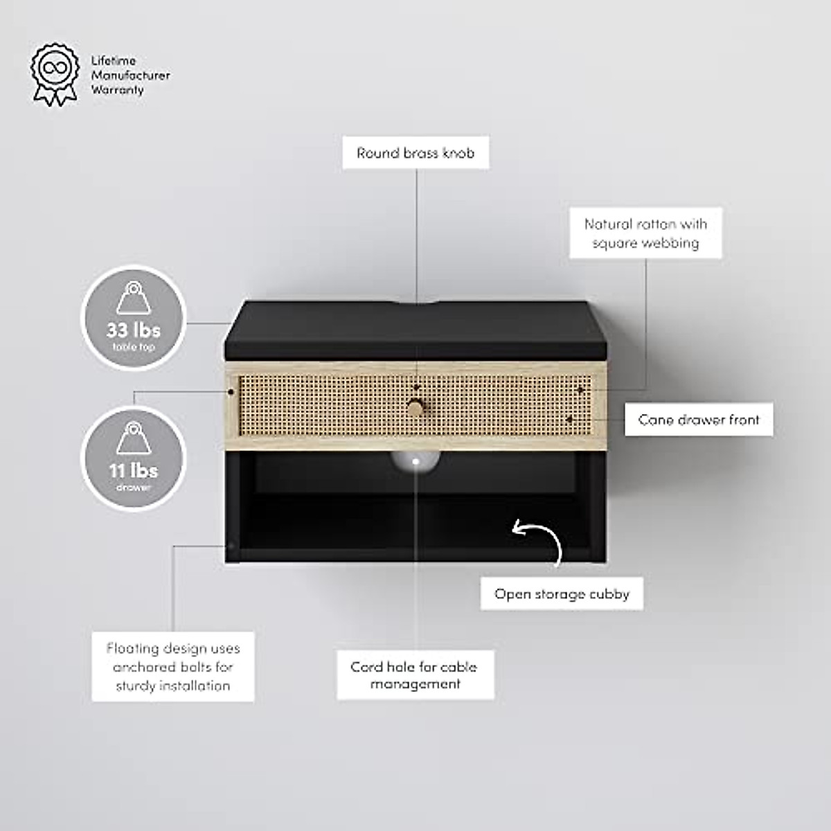 Nathan James Jackson Modern Floating Bedside Nightstand with Drawer, 1, Black/Rattan