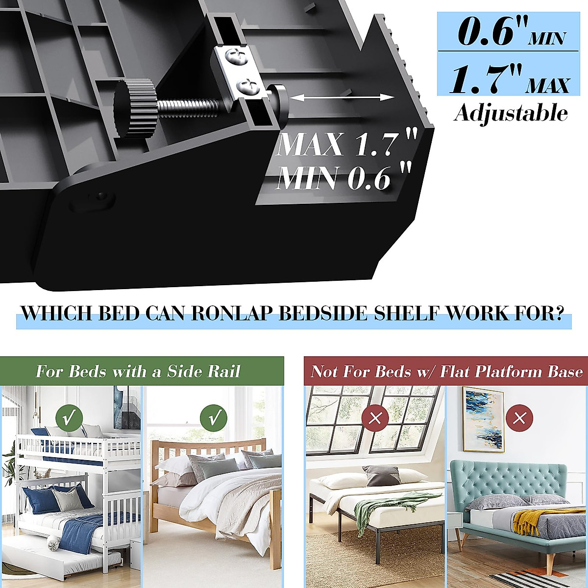 Ronlap Folding Bedside Shelf, Bunk Bed Shelf Organizer for Top Bunk Clip On Nightstand Plastic Bedside Shelf Tray for Kids with Cup Holder Hooks Hanging Cup, Plus Size with Drawer, Black