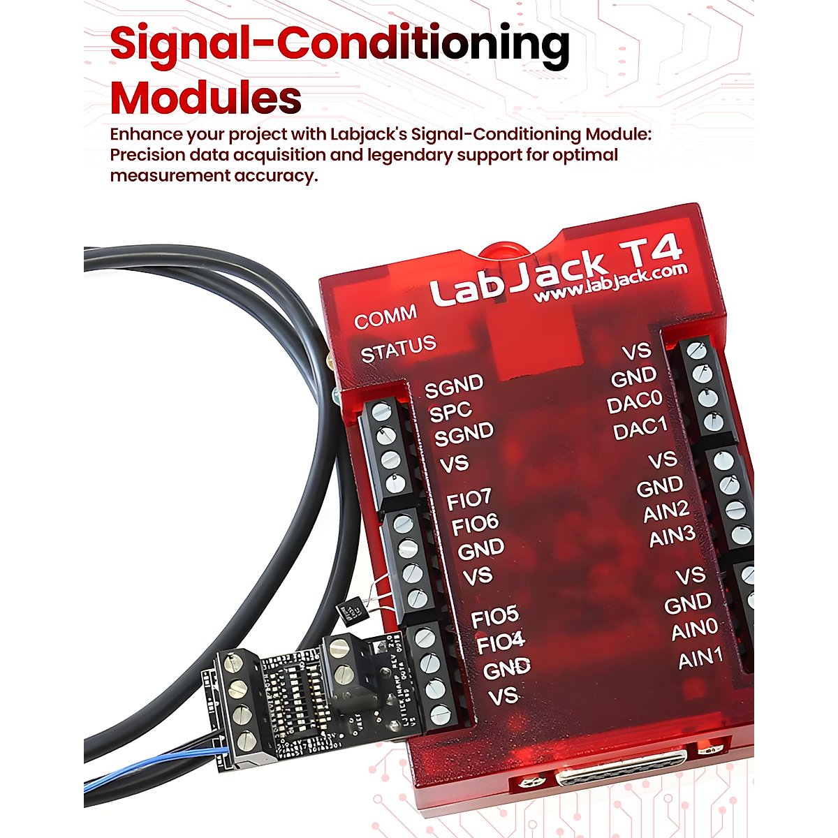 T4-USB Data Logger or Ethernet Multifunction DAQ Device with up to 12 Analog inputs or 16 Digital I/O, 2 Analog outputs (10-bit), and Multiple Digital counters/timers.