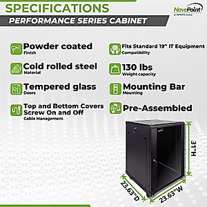 NavePoint 15U Server Cabinet Wall Mount Rack Enclosure with Caster Wheels, 2 Fans, Locking Glass Door, Removable Side Panels – 15U Network Cabinet 23.6” Deep, 19” Server Rack for IT Equipment