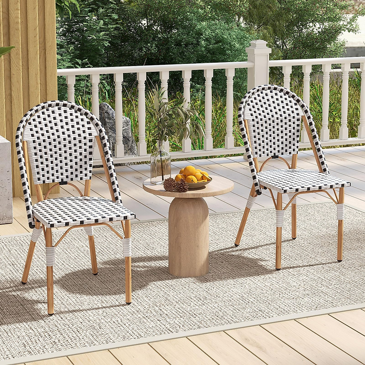 Tangkula French Bistro Chair Set of 4, Outdoor Armless Dining Chairs with Hand-Woven Rattan, Accent Chairs with Galvanized Metal Frame for Garden Kitchen Backyard Porch (Black & White)