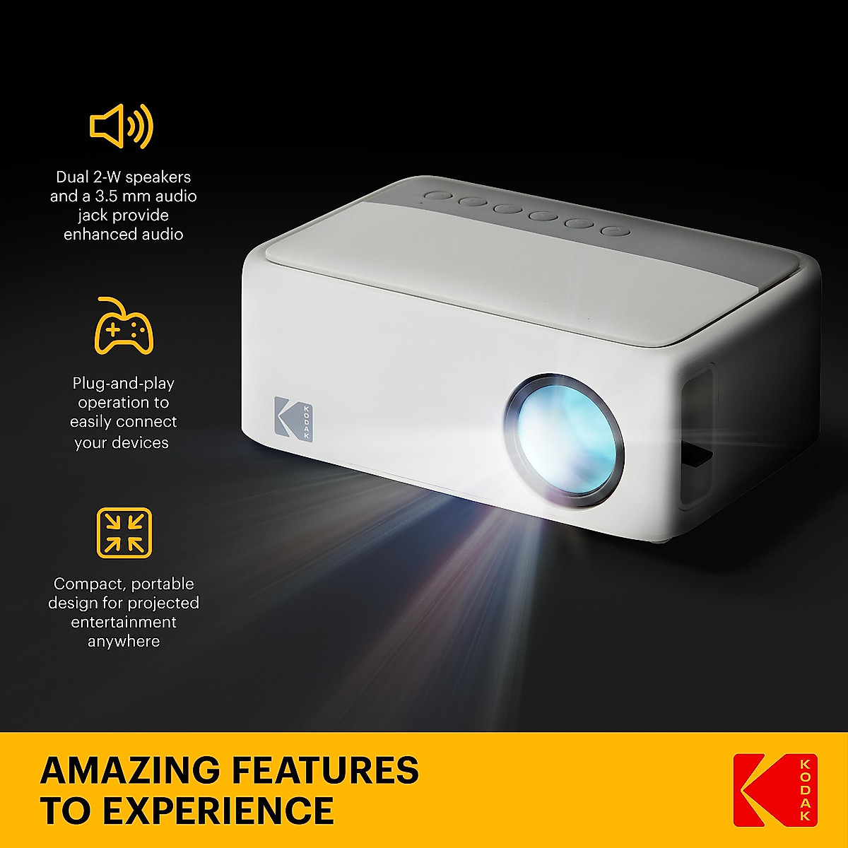KODAK FLIK X1 Mini Pico Projector | Portable Compact 100” Projector with Remote Control & 2W Speakers Plays Movies, TV Shows & Games | Compatible with HDMI, USB, AV, Smartphone, Firestick | White
