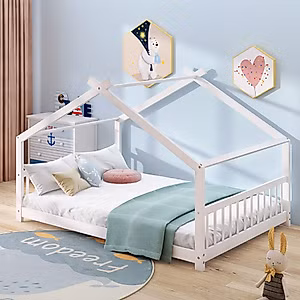 AOCOROE Wood House Bed Full Bed Frame for Boys and Girls, Full Size Playhouse-Design Montessori Floor Bed Platform Bed Frame,No Box-Spring Needed