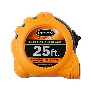 Keson PG181025UB Short Tape Measure with Nylon Coated Ultra Bright Steel Blade (Graduations: 1/10, 1/100 & ft., in., 1/8), 1-Inch by 25-Foot