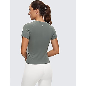 CRZ YOGA Women's Seamless Workout Tops Breathable Short Sleeve Gym Shirts Running Yoga Athletic T-Shirts Grey Sage Large