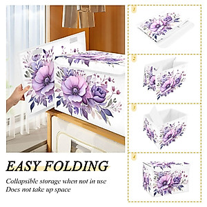 senya Baskets Collapsible Storage Bins with Lids, Purple Rose Leaves Storage Boxes Clothes Baskets for Organizing