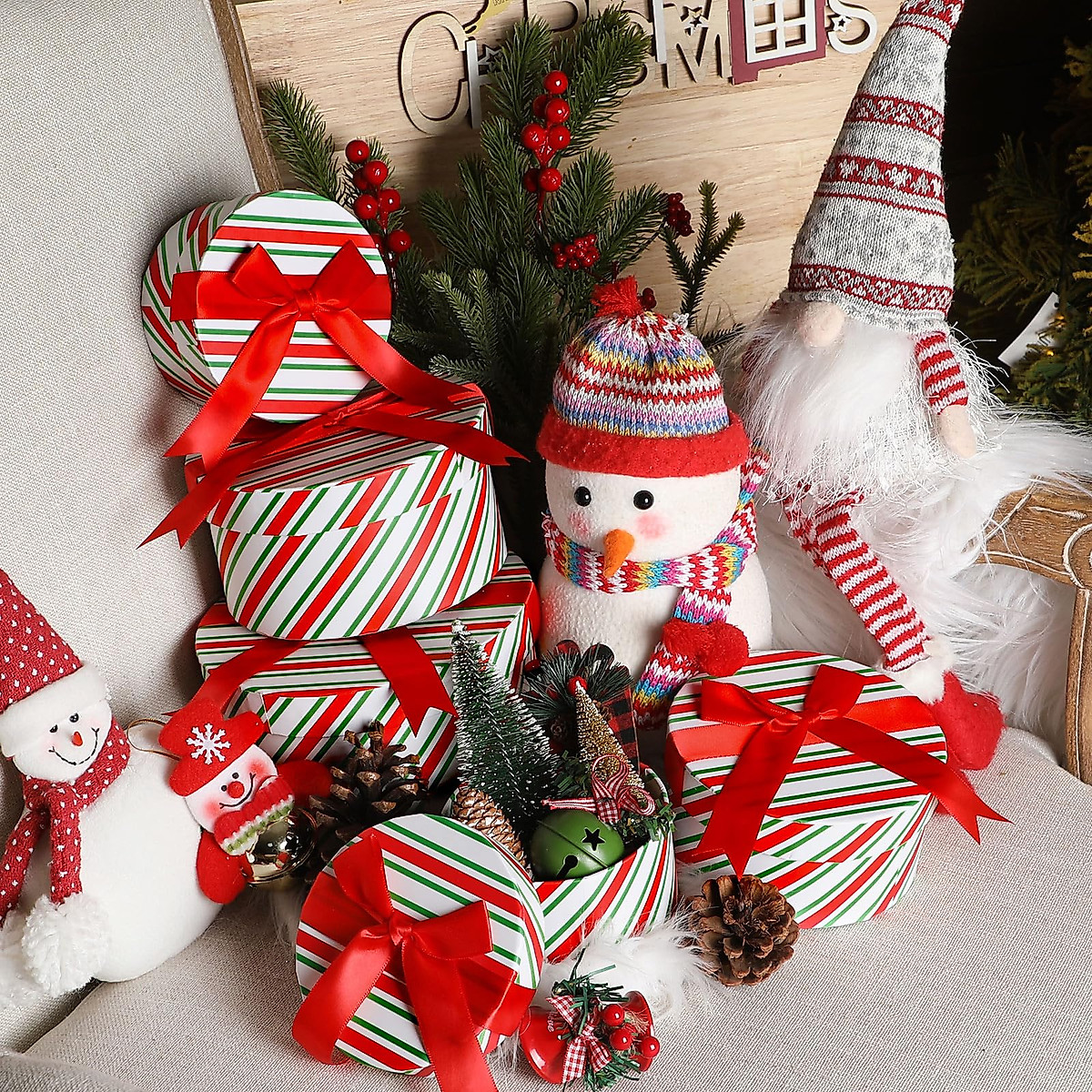 Qilery 8 Pcs Christmas Round Nesting Gift Boxes Candy Cane Gift Boxes Red and White Christmas Cookie Boxes with Lids 4 Assorted Size Stackable Cardboard Box with Red Ribbon for Gift Giving Wrapping