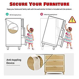 Graficial 3 Drawer Dresser, Rattan Chest of Drawers, Closet Storage Bedside Table Dresser for Bedroom