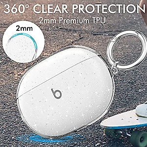 NIUTRENDZ Clear Case for Beats Studio Buds Case Soft TPU Protective Cover with Carabiner Compatible with Beats Studio Buds (Glitter Clear)