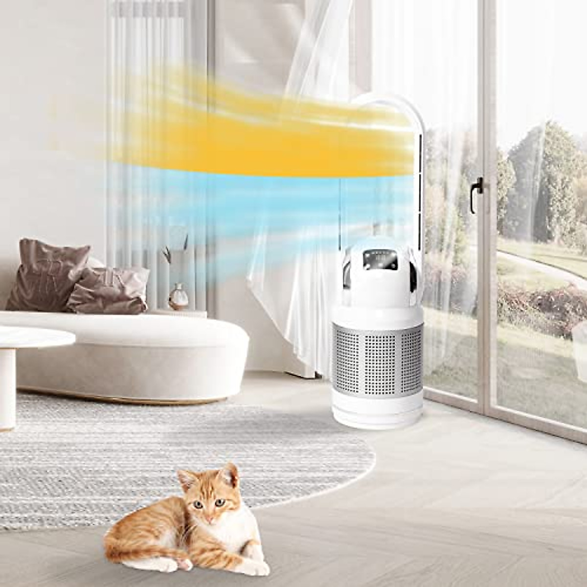 HEATIT Bladeless Fan with Remote and Air Purifier Tower Fan 80° Oscillating with 8 Speeds 8H Timer Air Circulator Fan for Home Bedroom Kitchen and Office White