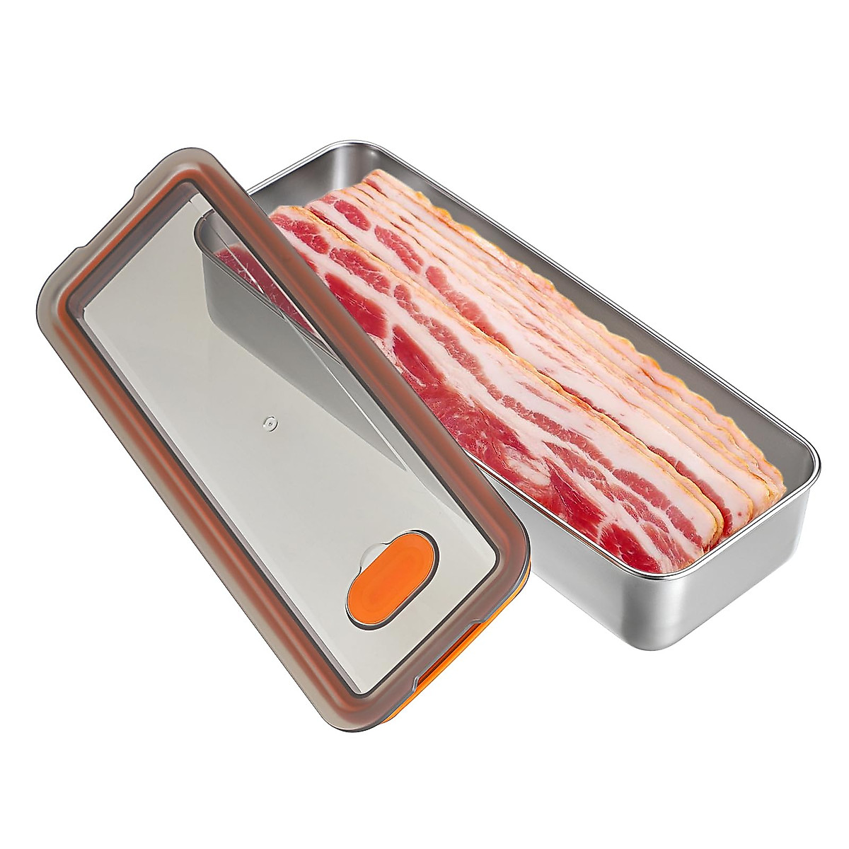 JUXYES Bacon Storage Container for Refrigerator, Stainless Steel Bacon Storage Box for Fridge with Transparent Lid, Airtight Bacon Storage Keeper, Deli Meat Saver Cuts Food Storage Organizer