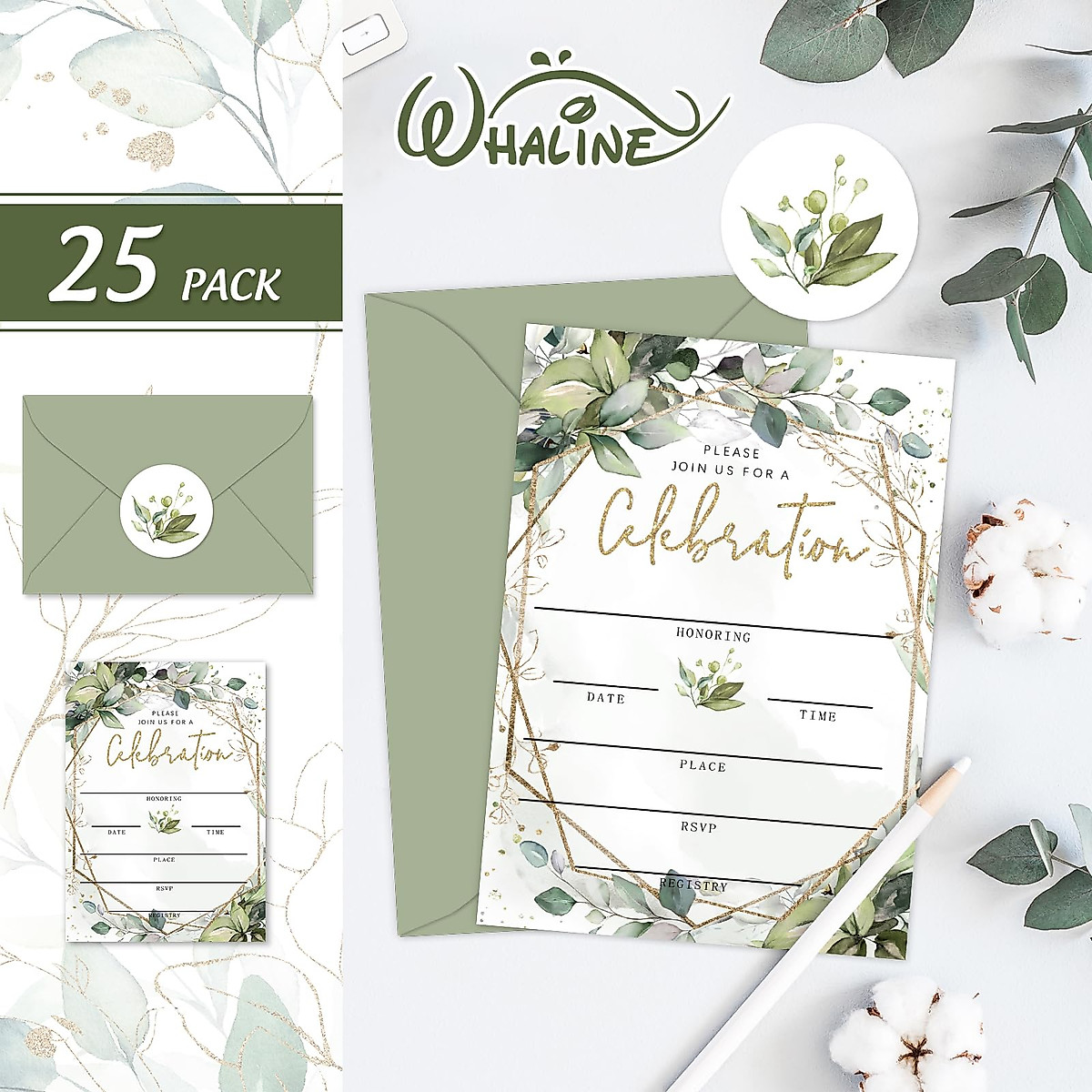 Whaline 25 Sets Greenery Invitations with Envelopes Stickers Watercolor Eucalyptus Leaves Invitation Cards Green Leaves Blank Invites for Wedding Bridal Baby Shower Birthday, 5 x 7 Inch