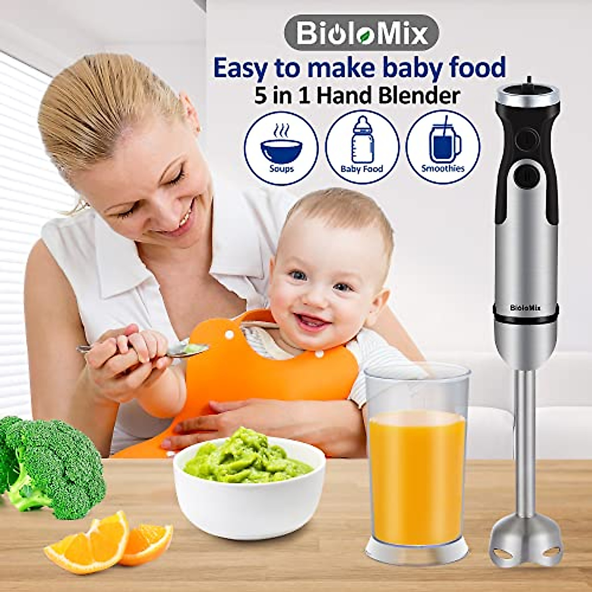 BioloMix Hand Blender 5 in 1 Immersion Blender 1000W, 6 Speed With Turbo Mode Handheld Blender Stainless Steel Blade With 800ml Chopper, 600ml Mixing Beaker, Whisk and Milk Frother
