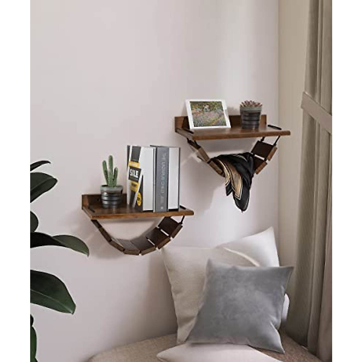 Sivapleso Floating Nightstand Set of 2, Wood Wall Mounted Nightstand Desk Bedside Tables Floating Shelves with Hammock Rustic Decor for Living Room, Bedroom, Kitchen, Office