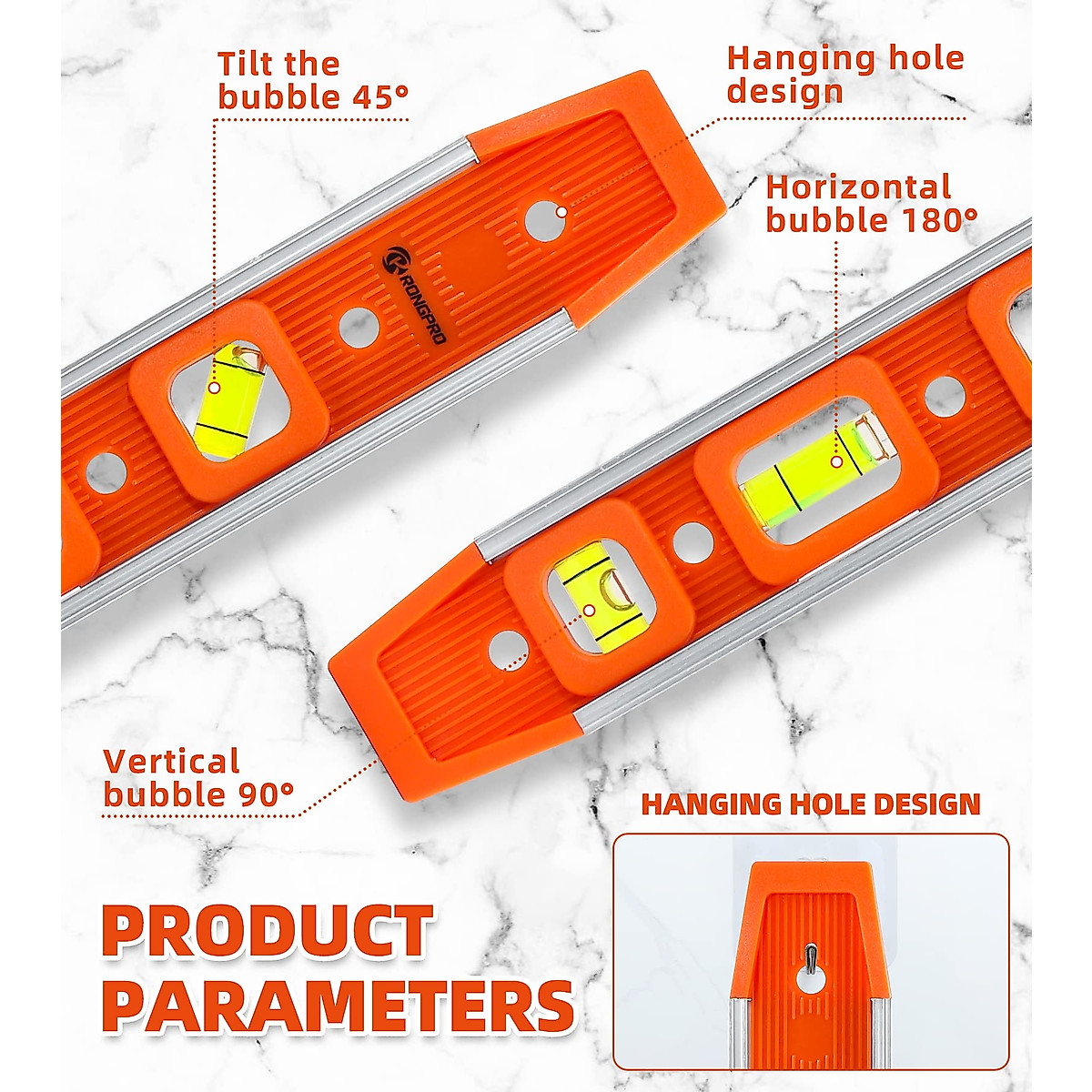 RONGPRO 9 Inch Torpedo Level Magnetic Box Level, Measuring Shock Resistant Torpedo Level with 45°/90°/180° Bubbles, Orange - 2 PCS
