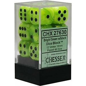 Chessex Dice D6 Sets: Vortex Bright Green with Black - 16Mm Six Sided Die (12) Block of Dice