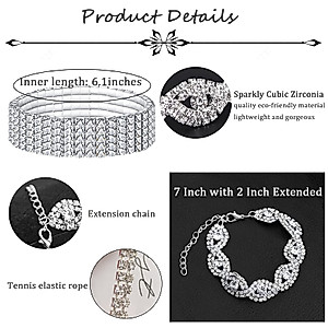 Jewdreamer 7PCS Rhinestone Bracelets for Women Cubic Zirconia Tennis Stretch Bracelet Bangle Bling Bikini Crystal Bracelet Sliver Sparkly Bridal Wedding Jewelry Bracelet Set