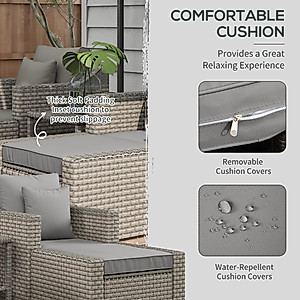 Outsunny 5 Piece Patio Furniture Set, All Weather PE Rattan Conversation Chair, and Ottoman Set with Coffee Table, Cushions & Pillows Included for Balcony, Porch, Deck, Pool, Lawn, Gray