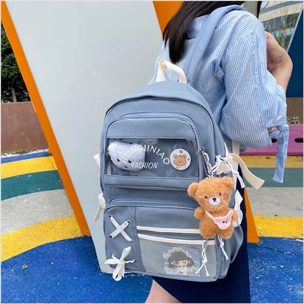 NUFR Kawaii Backpack With Kawaii Pin Kawaii Pendent Bear Kawaii Sticker Kawaii Bag Cute Mesh Lace (Blue)