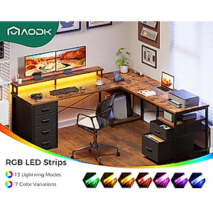 AODK 66" L Shaped Computer Desk, 113“ Reversible Home Office Desk with File Cabinet & 4 Fabric Drawers, Two Person Desk with LED Lights & Power Outlet, Corner Gaming Desk with Monitor Shelf, Vintage