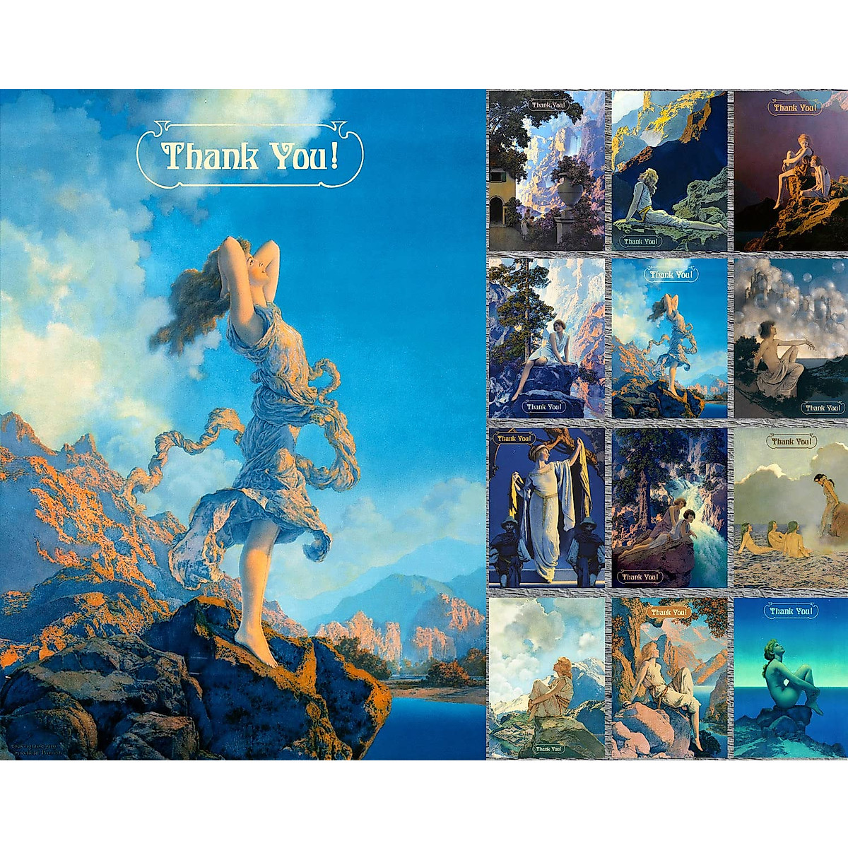 PIXILUV MAXFIELD PARRISH ~ 12 Thank You Cards with envelopes ~ ECSTASY LANDSCAPES Vintage Postcards and Book Illustrations by Maxfield Parrish Reprint