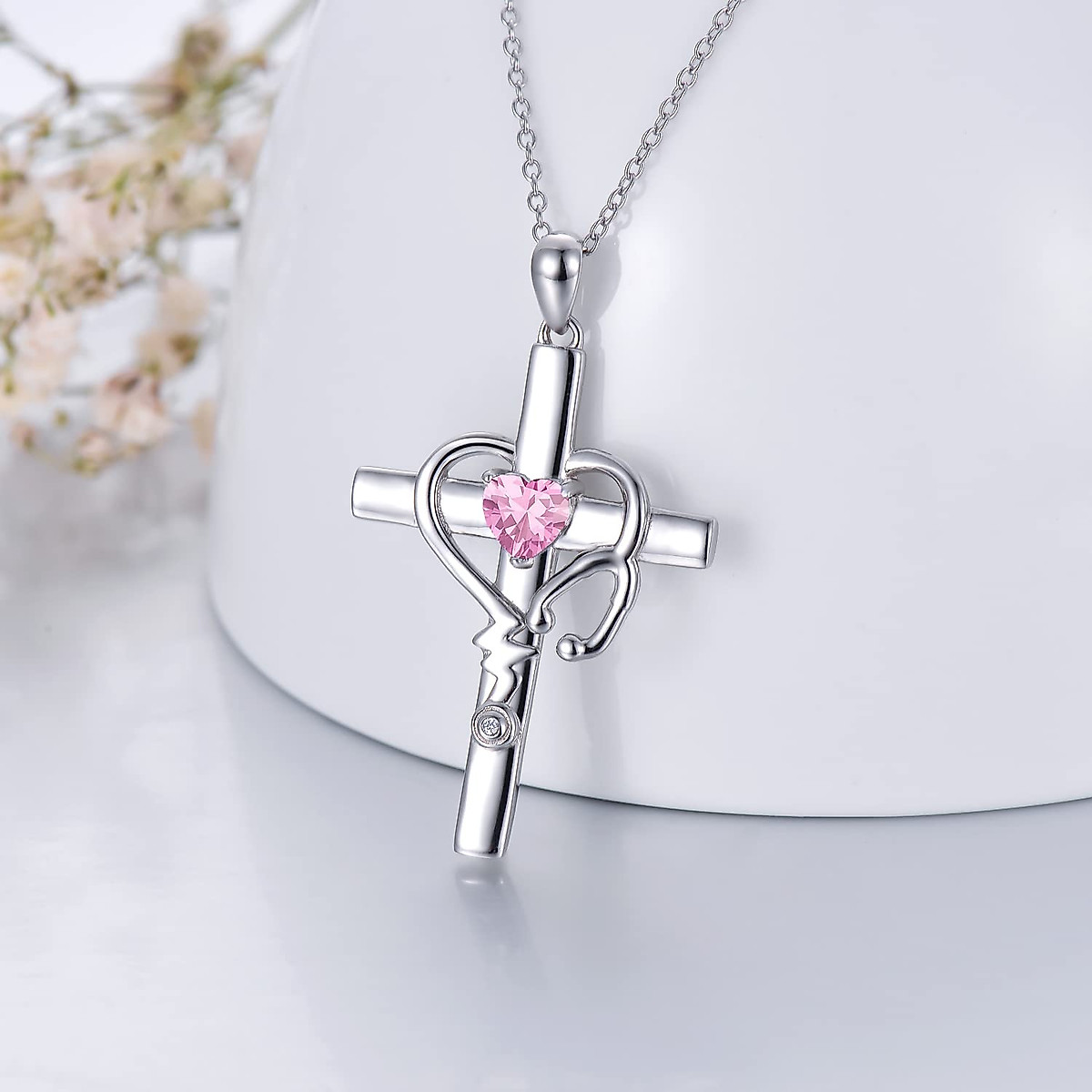 LONAGO Stethoscope Necklace Silver Cross Pendant Necklace with October Birthstone Stethoscope Jewelry Graduation Gift for Women