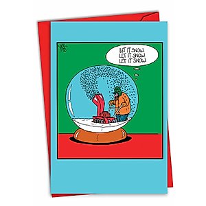 NobleWorks - Christmas Card with Envelope (4.63 x 6.75 Inch) - Cartoon Xmas Notecard Winter Holiday Card for Kids, Adults - Snowglobe Blower C7086XSG