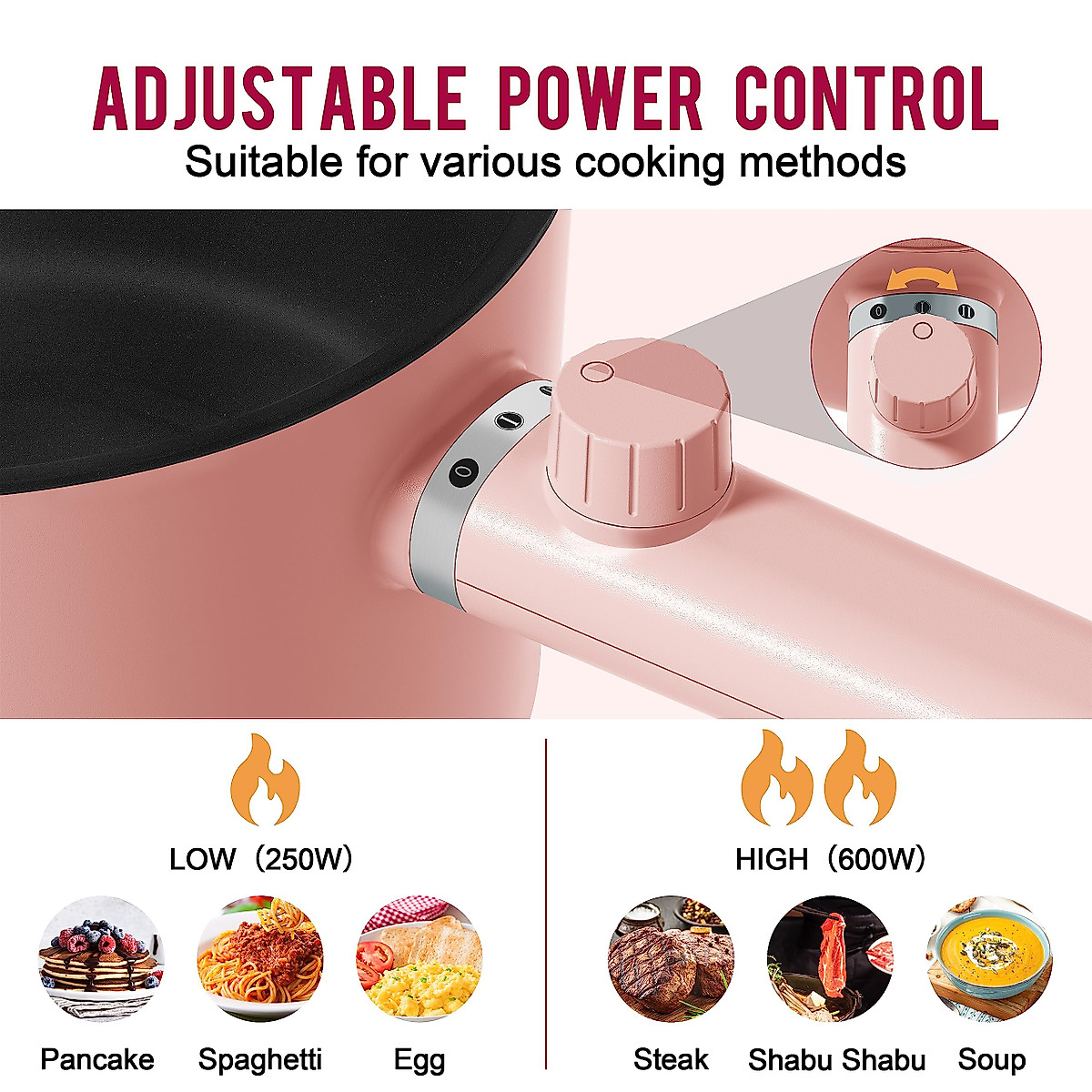 Topwit Hot Pot Electric with Steamer, 1.5L Ramen Cooker, Non-Stick Frying Pan, Electric Pot for Pasta, BPA Free, Electric Cooker with Dual Power Control, Over-Heating & Boil Dry Protection, Pink