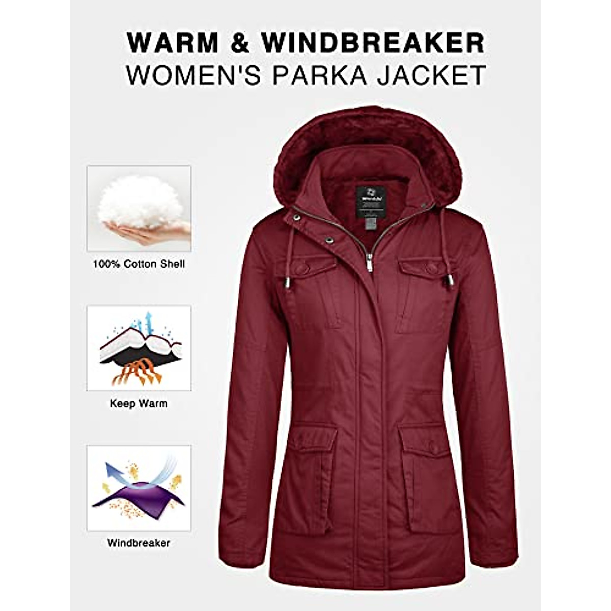 wantdo Women's Sherpa Lined Coat Vintage Warm Winter Parka Coat Overcoat Wine XL