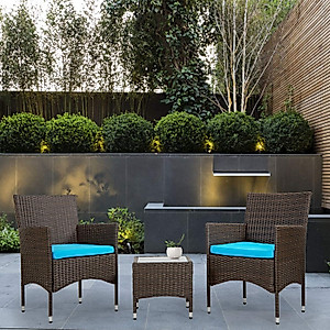FDW Patio Furniture Sets 3 Pieces Wicker Bistro Set Outdoor Patio Set Rattan Chair Conversation Sets Patio Sofa Wicker Table Set for Yard Backyard Lawn Porch Poolside Balcony,Blue Cushion