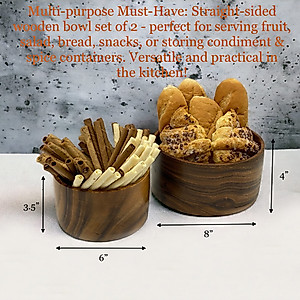 WRIGHTMART Round Wood Serving Bowl Set of 2, For Food, Condiment Storage, Salad, Snack, Nuts, Bread, Pastries, Hand Turned Dinnerware, Elegant Display, Decorative Fruit Bowl for the Kitchen