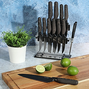 Gibson Soho Lounge 13 Piece Cutlery Set w/Acrylic Wood Block and Wood Soft Touch Handles
