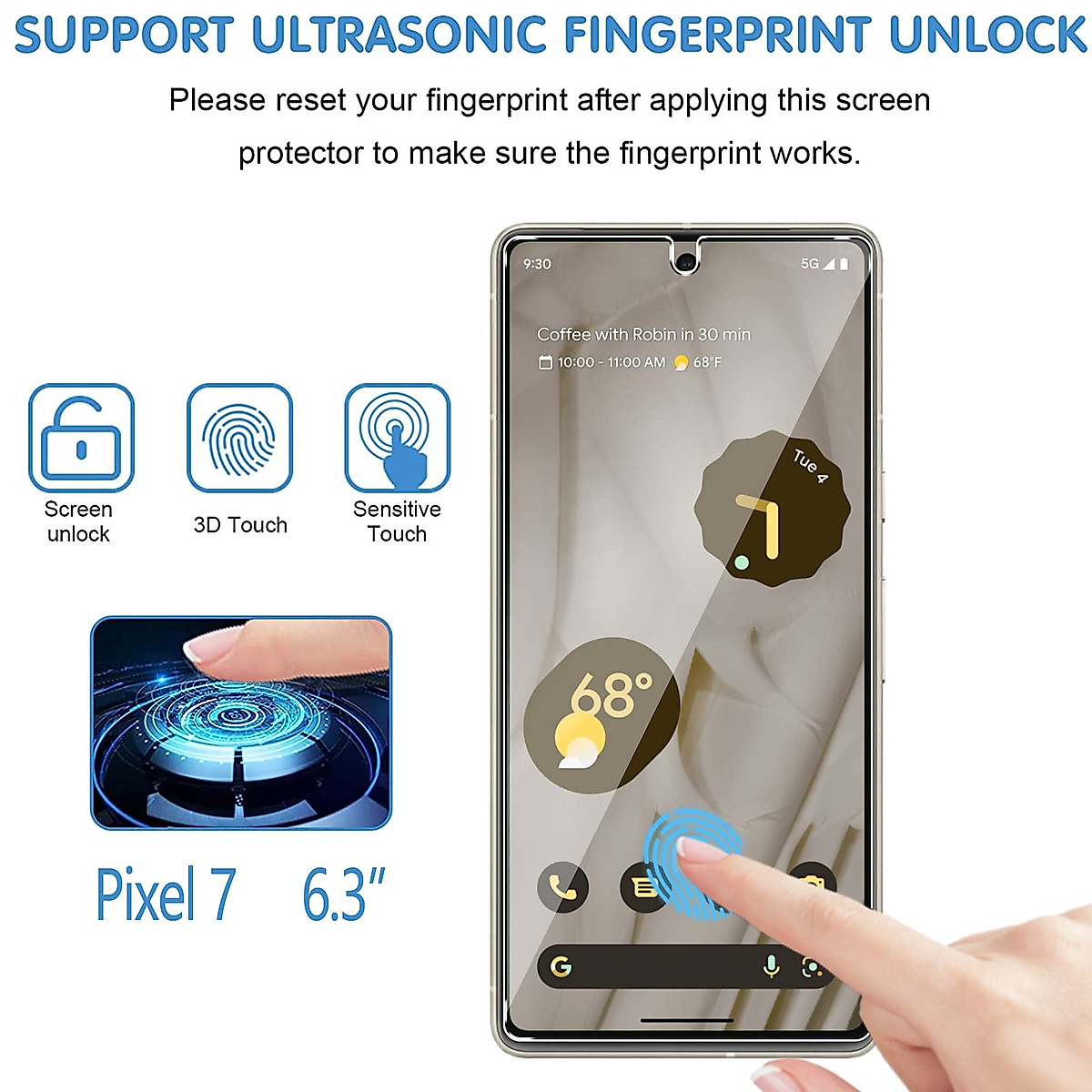 [4+3Pack] Glass Screen Protector for Google Pixel 7 5G, 9H Tempered Glass, Ultrasonic Fingerprint Compatible,HD Clear Case Friendly
