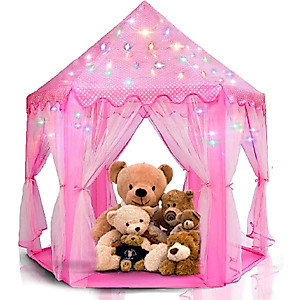 YSMLE Princess Castle Hexagon Playhouse Tent for Girls with Two Modes Flashing Star Color Lights Indoor & Outdoor Large Kids Fairy Play Toddlers Tent for Children Imaginative Games 55x53 inch Pink