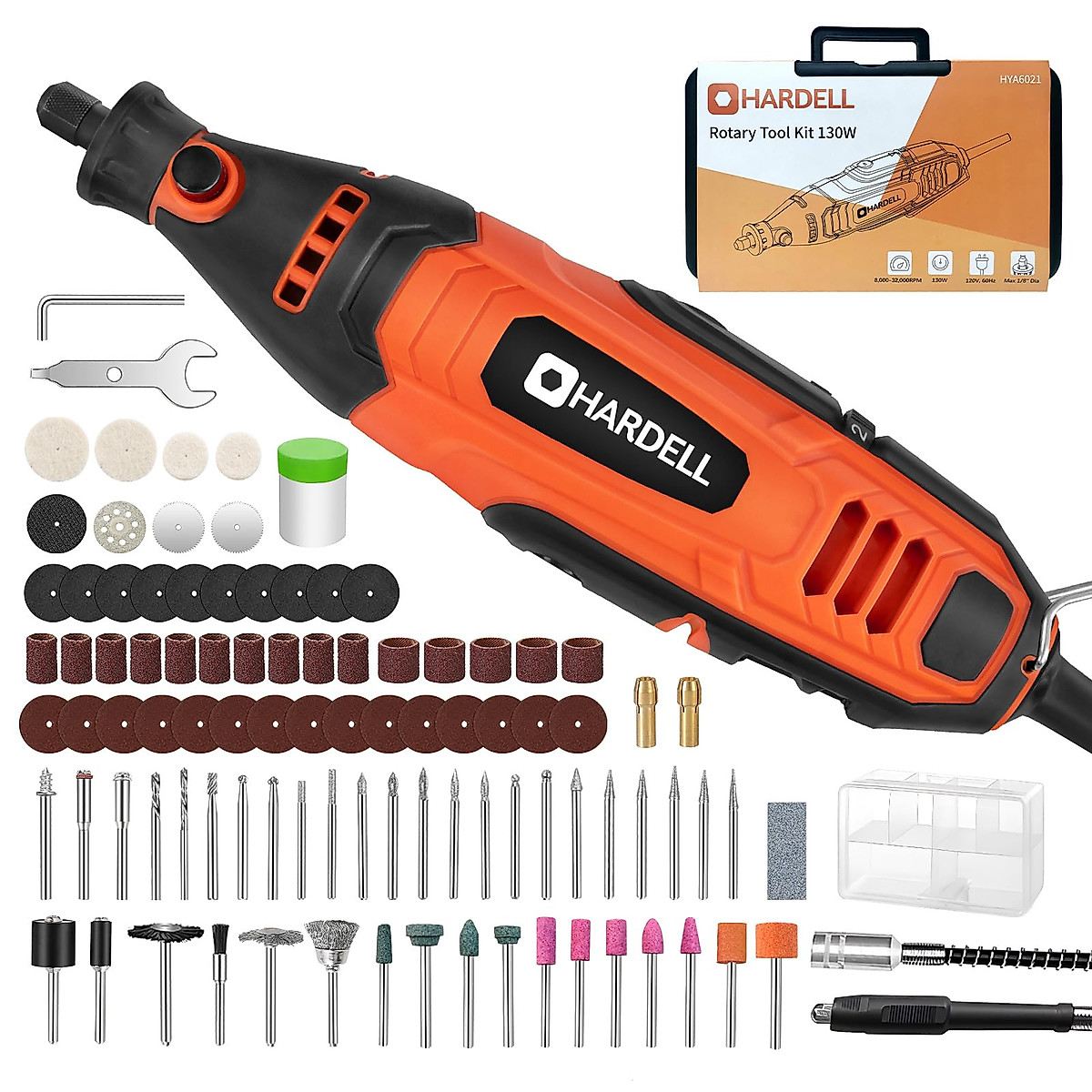 HARDELL Rotary Tool Kit, 130w Rotary Tool with 95 Pcs Accessories,Flex Shaft, 6 Variable Speed for Crafting Projects and DIY Creations,Cutting,Polishing,Sanding,Curving,Drilling