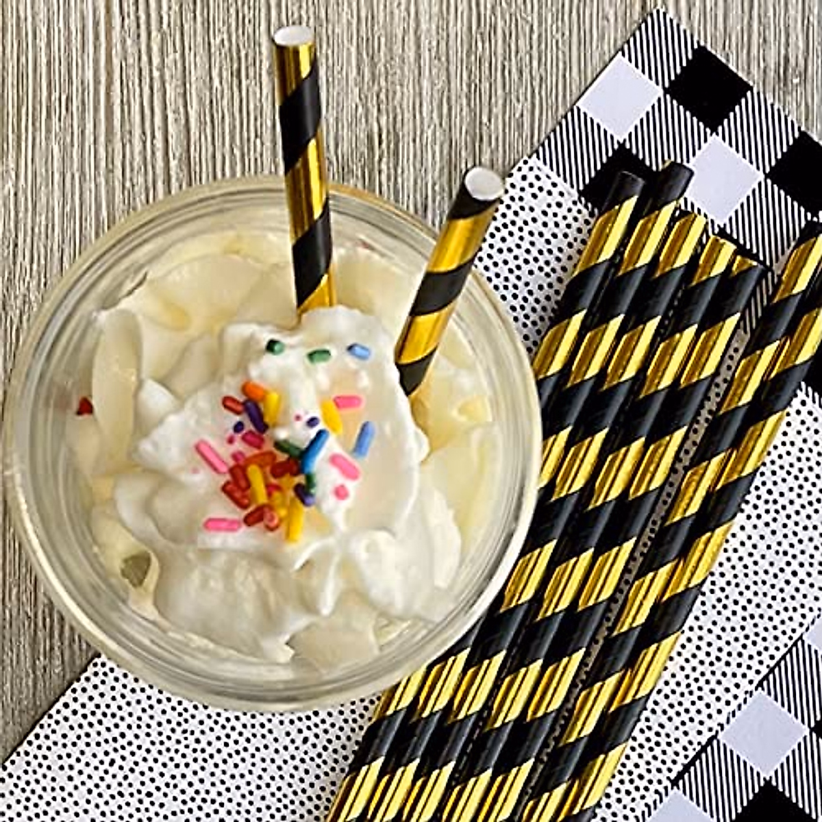 Black and Gold Foil Paper Straws - Striped - 7.75 Inches - 100 Pack Outside the Box Papers Brand
