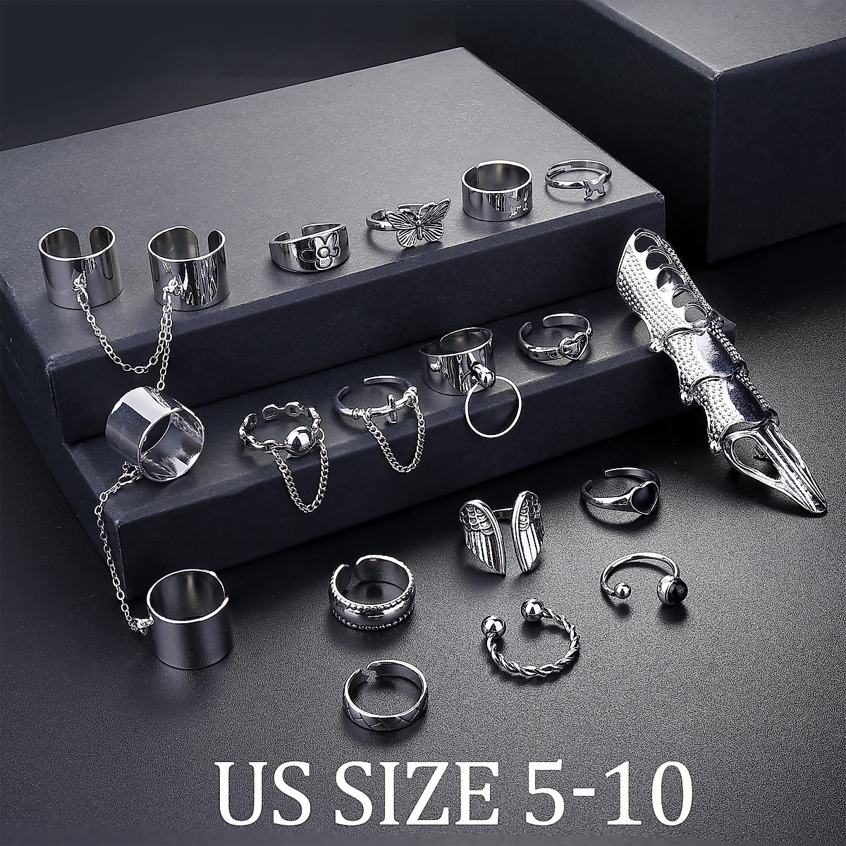 ZELORES 16Pcs Vintage Silver Knuckle Rings for Men Women Adjustable Open Chain Finger Rings Y2K Gothic Punk Stackable Ring Set