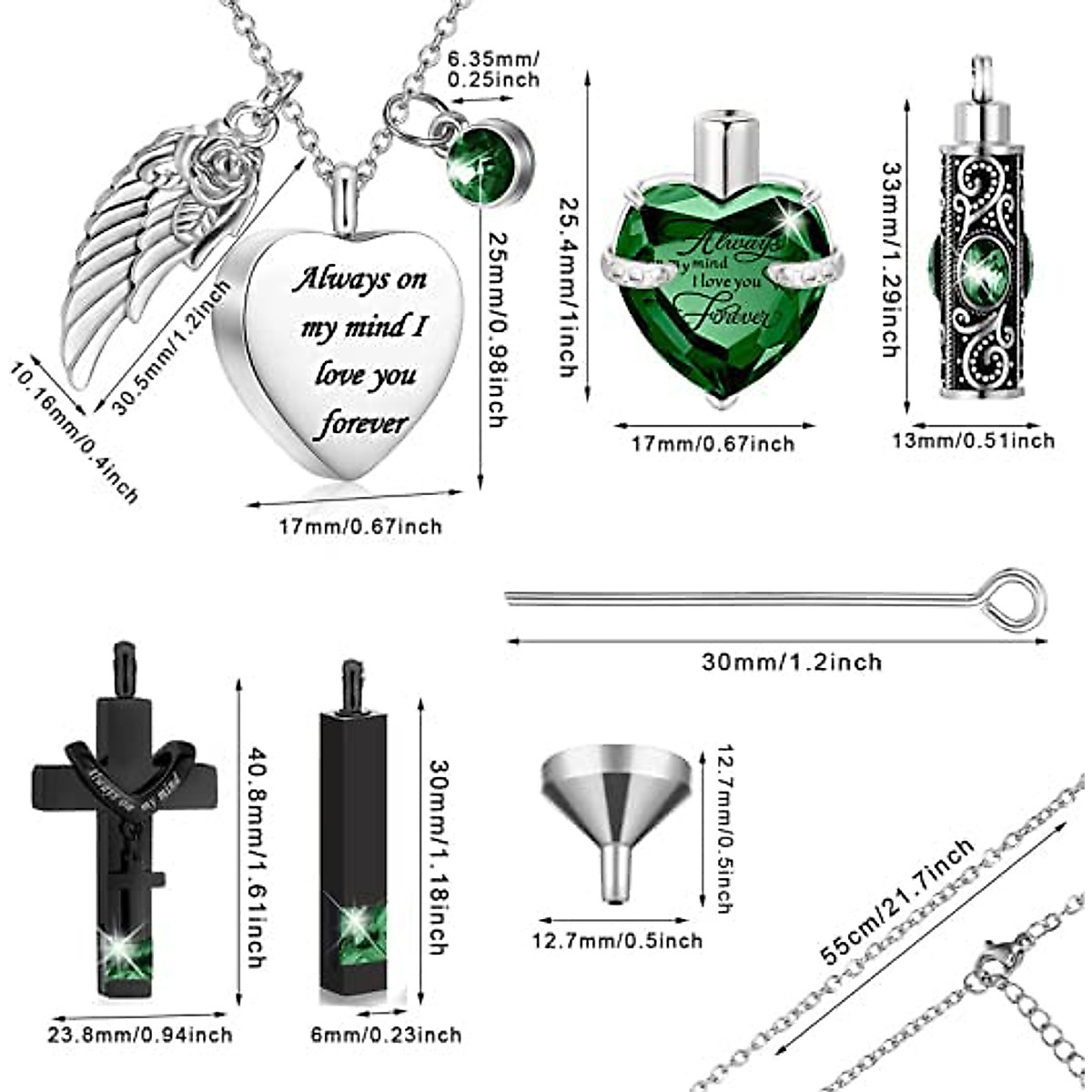 5 Pack Urn Necklace for Ashes, Cremation Jewelry for Ashes, Crystal Heart Cross Cubic Ashes Necklace with Angel Wing, Ashes Keepsake for Men and Women with Small Spoon, Funnel, Velvet Bag (green)