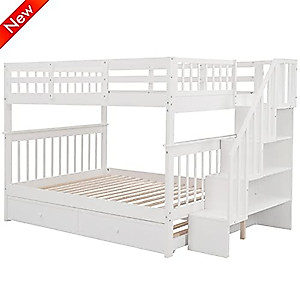 SNIFIT Upgraded Version & Stronger Solid Wood Convertible Bunk Bed Full Over Full with Trundle & Storage Shelves & Stairs, Thickened Reinforced Full Over Full Size Bunkbed (Easier Assembly) (White)