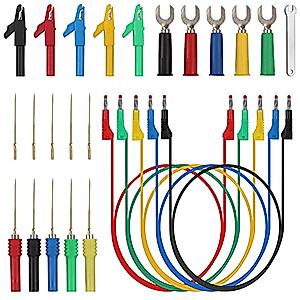 Banana Plug Silicone Test Leads Kit CAMWAY Safety Shrouded Stackable Banana Plug Fully Insulated, Alligator Clips U-Type Spade Plug Back Probe Pins Gold-Plated Test Probe for Multimeter