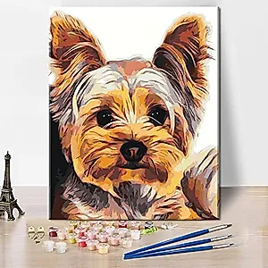 TISHIRON Oil Hand Painting Yorkshire Terrier Puppy DIY Paint by Numbers Cute Dog Painting on Canvas for Adults Beginner Kids Drawing with Brushes Christmas Gift Wall Decorations 16'' W x 20'' L