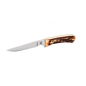 Bear & Son Cutlery 6 1/2” Bird and Trout Knife, 3” 440 High Carbon Stainless Steel Blade, Stag Delrin Handle, Leather Sheath (751)