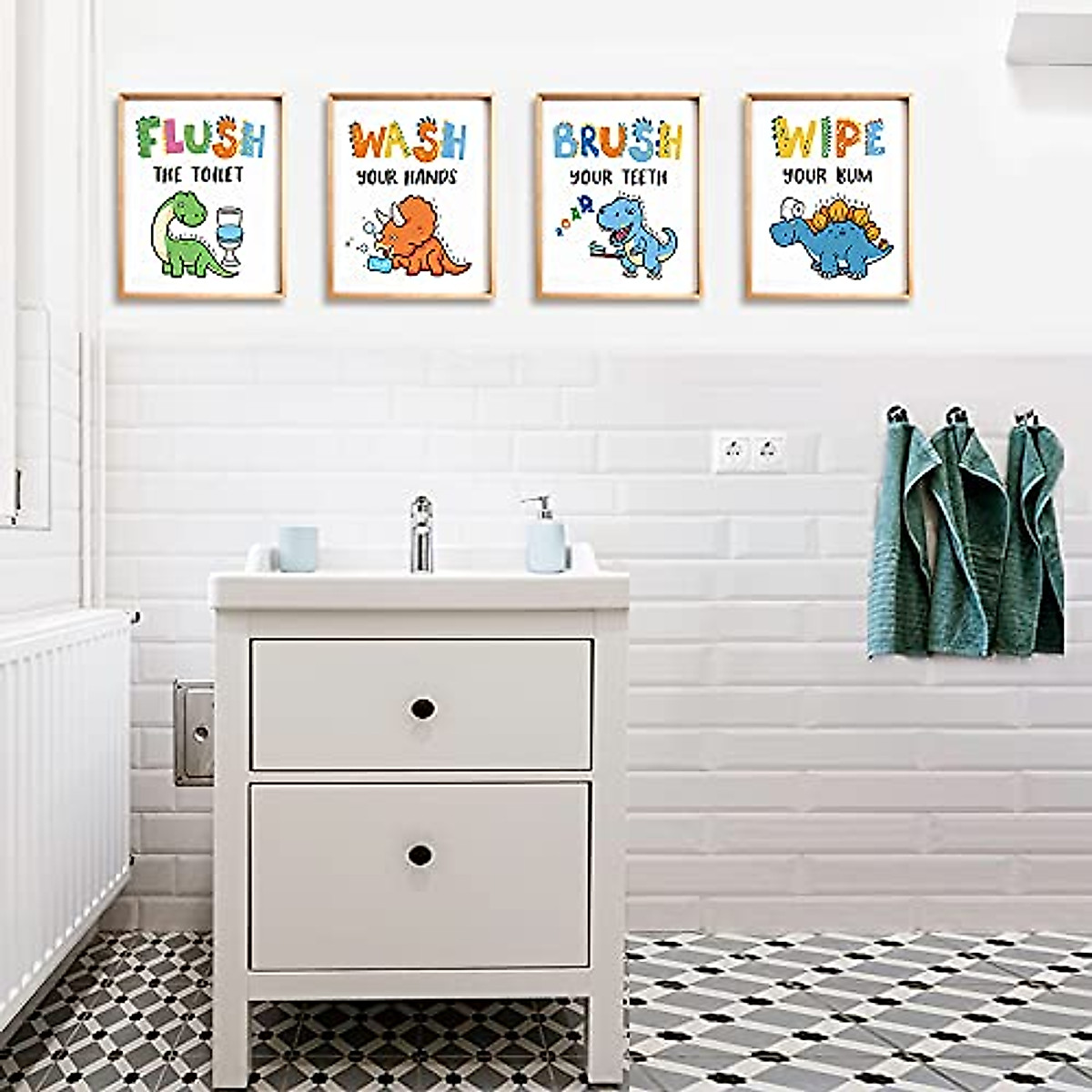 Dinosaur Bathroom Decor, Funny Dinosaur Themed Bathroom Inspirational Quotes Art Print Humorous Quotes Painting, Toilet Rules Art Picture for Kids Nursery Washroom Bathroom Decor, Set of 4 (8”X10”), Unframed