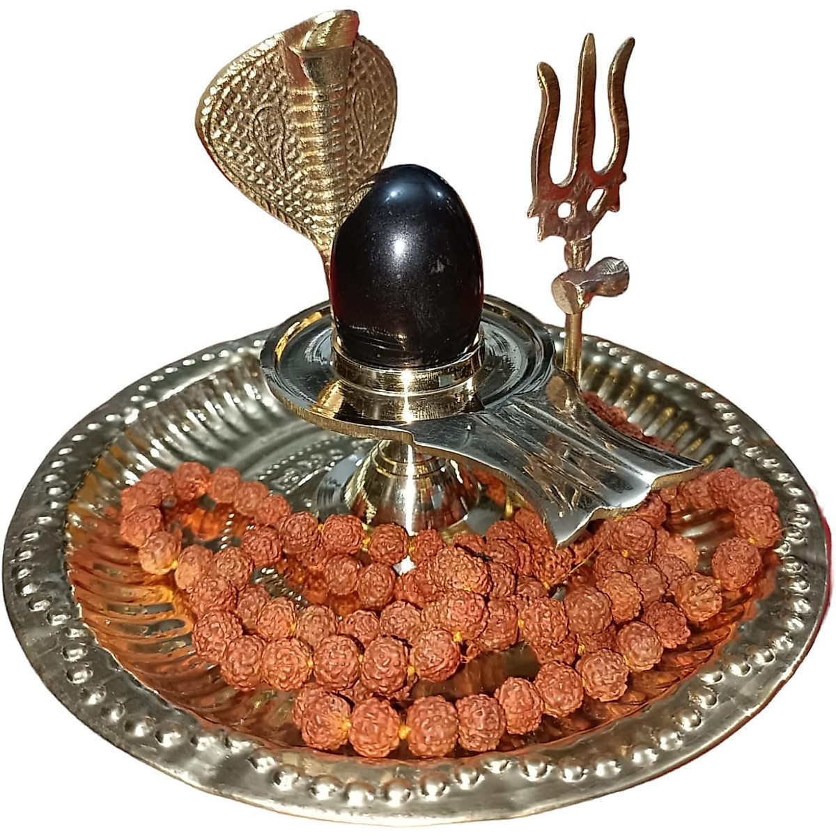 Shaligram Shiva Ling Lingam Shivling Naaga Brass Stand(Thali tirshul 3inch) Shiv Plate Rudraksha mala 108 Stone 6mm