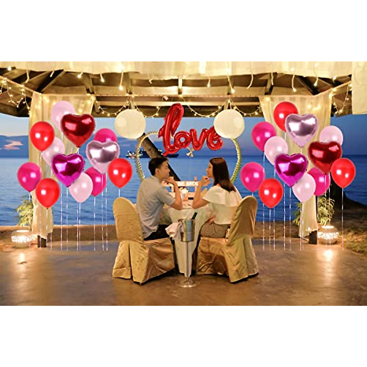 Treasures Gifted - LOVE Valentine’s Day Balloons - Red Letters w/ Red, Magenta & Blush Pink Metallic & Heart Shaped Balloons - Valentine’s Day Decor Kit w/ Pink Ribbon & Temporary Adhesive Dots