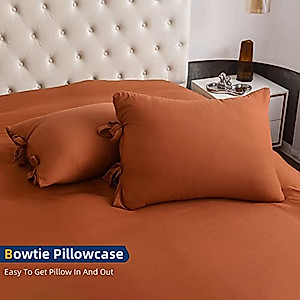 Argstar 3 Pcs Caramel Bowtie Duvet Cover Set California King, Burnt Orange Duvet Cover with Bowknots, 100% Microfiber Soft Rust Comforter Cover with Ties (1 Terracotta Duvet Cover, 2 Pillowcases)