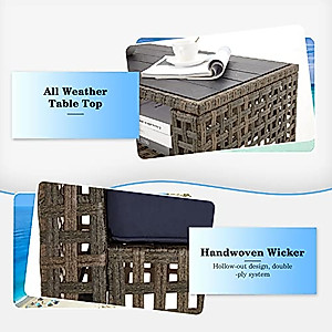 MELLCOM 4-Piece Outdoor Sectional Sofa Couch, Patio Furniture Set with Cushions and HDPE Table Top, Handwoven PE Wicker Rattan Patio Conversation Set for Patio, Garden, Yard, Pool, Brown and Blue