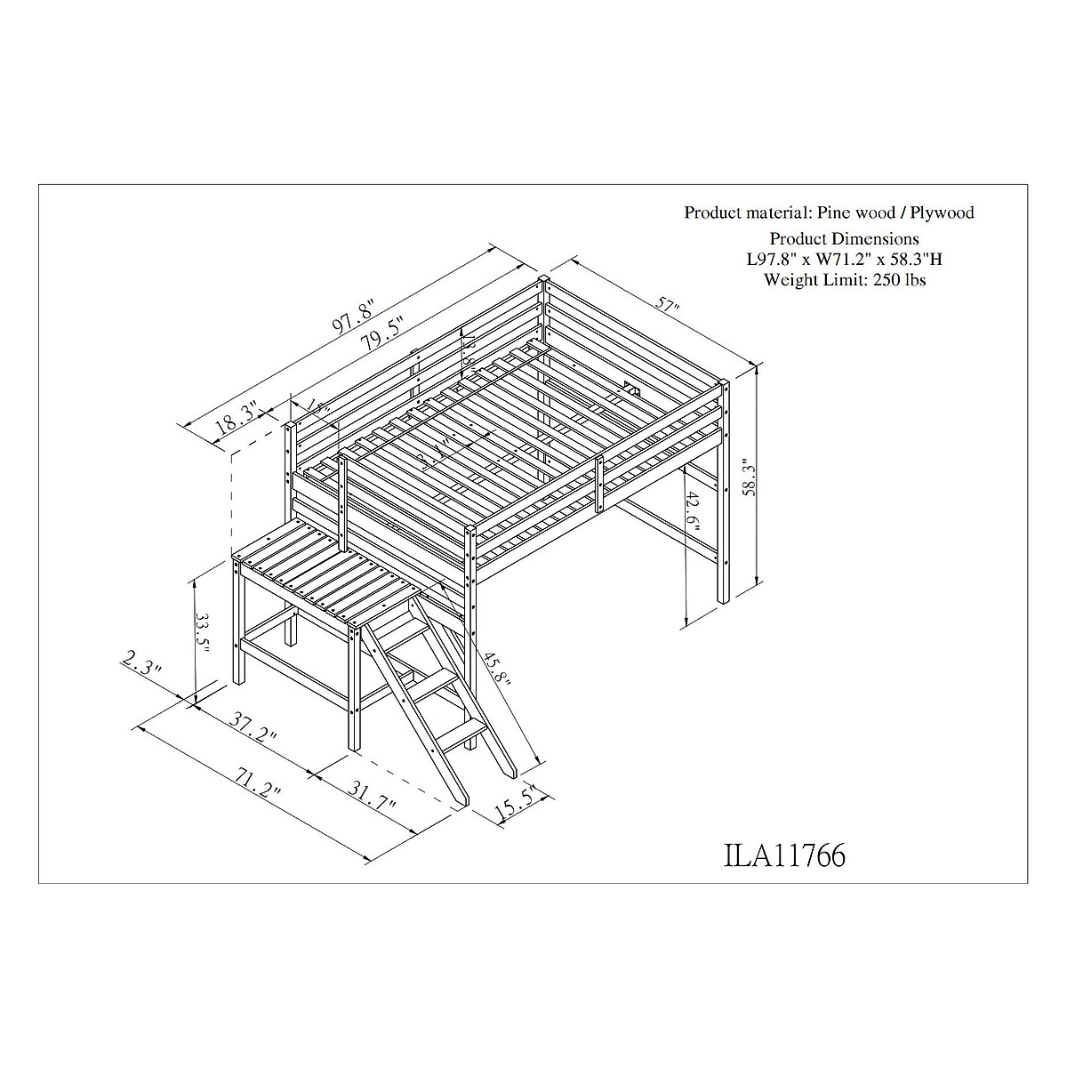 Polibi Full Low Loft Bed with Attached Platform and Ladder, Space-Saving Full Size Wooden Loft Bed, Grey