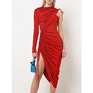 DAAWENXI Women's Sexy Bodycon One Shoulder Long Sleeve Drawstring Ruched Party Dress Red